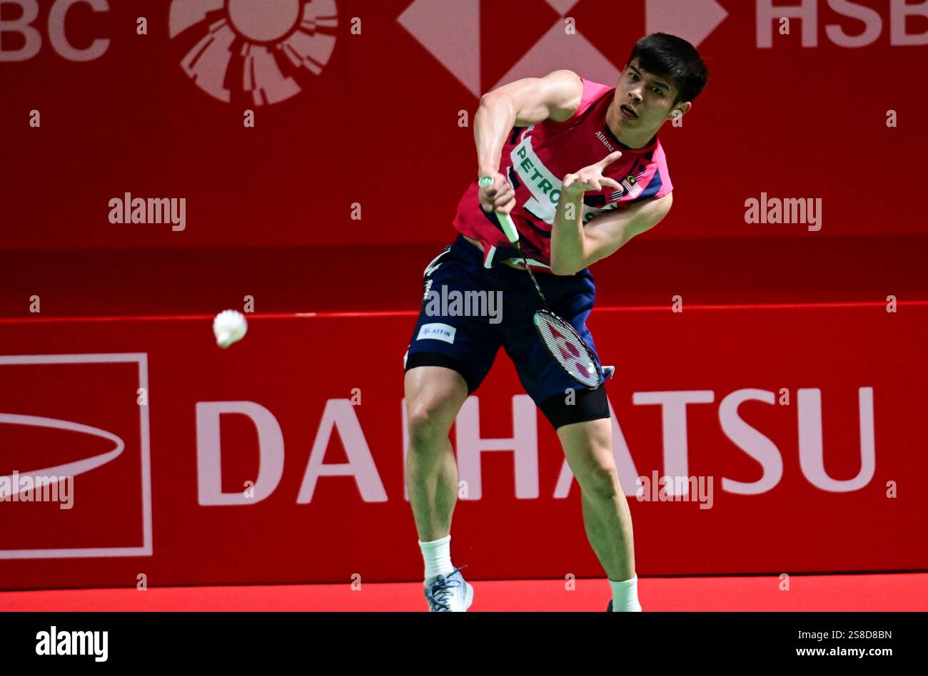 Jakarta, Indonesia. 22nd Jan, 2025. Leong Jun Hao hits a return during ...