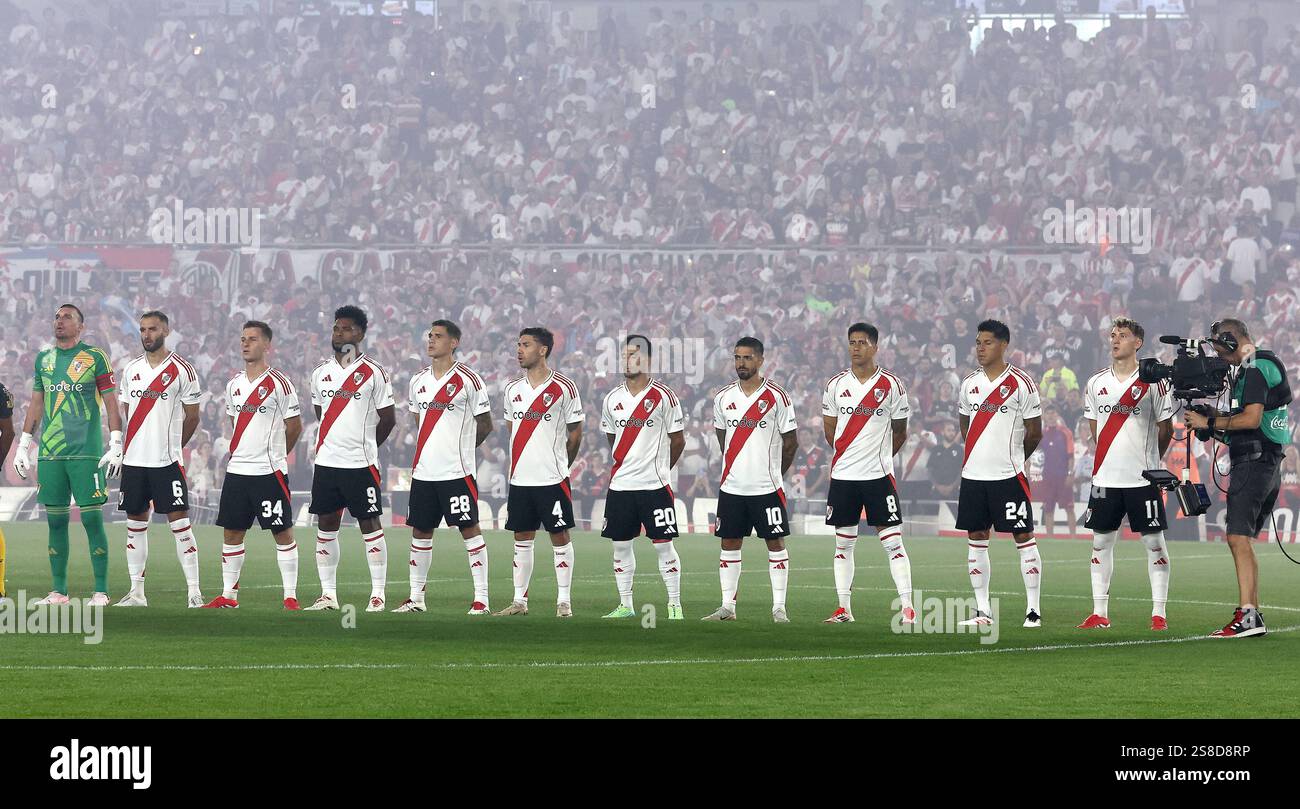 River Plates players sing the national anthem before a friendly match ...