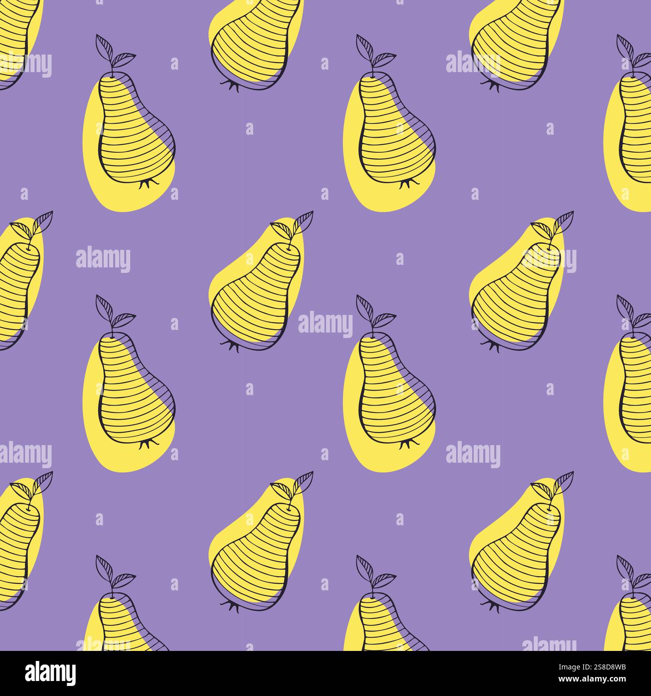 Summer orchard pattern with hand drawn contour pears in doodle style, with yellow shapes on ...