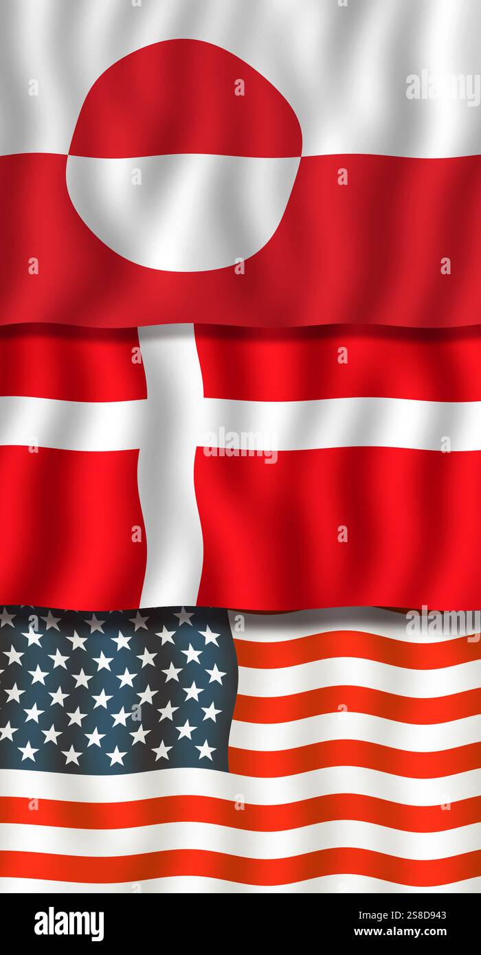 Fluttering flags of Greenland, Denmark and the USA. Concept image about ...