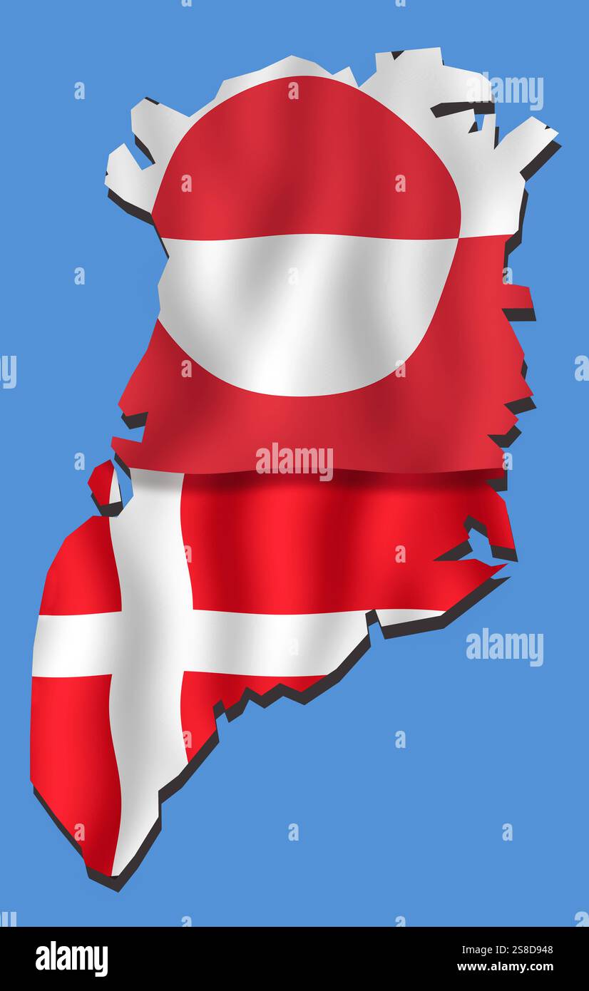 Map of Greenland made of fluttering flags of Greenland and Denmark ...