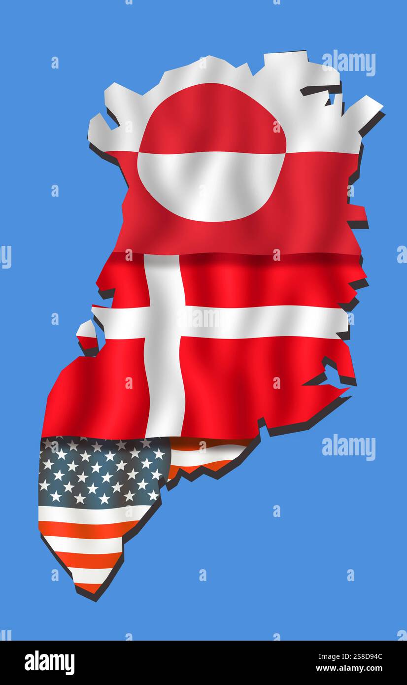 Map of Greenland made of fluttering flags of Greenland, Denmark and the ...