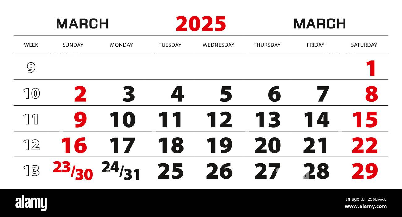 Wall calendar 2025 for march, week start from sunday. Block size ...
