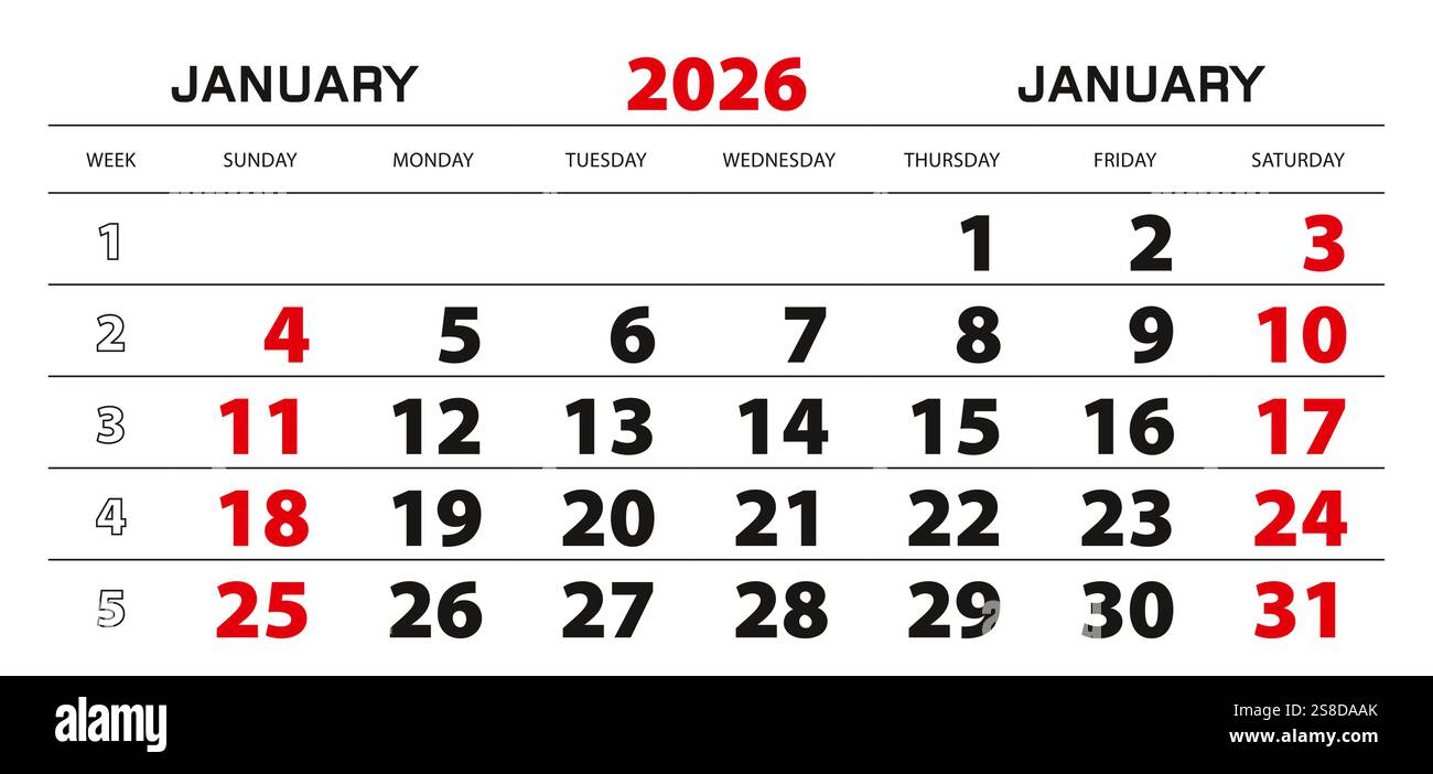 Wall calendar 2026 for january, week start from sunday. Block size ...