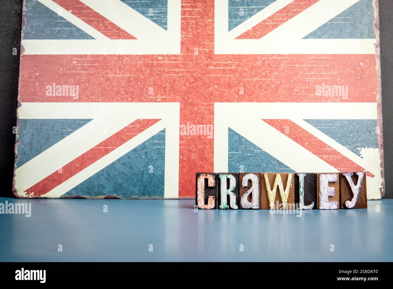 CRAWLEY. Urban Area in Great Britain. Flag and alphabet letters on ...