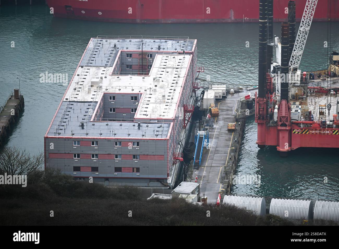 Portland, England. The closed Bibby Stockholm barge in Portland Port ...