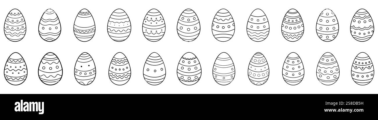 Linear Easter egg. Set of Easter eggs in doodle style. Happy Easter hand drawn on white ...