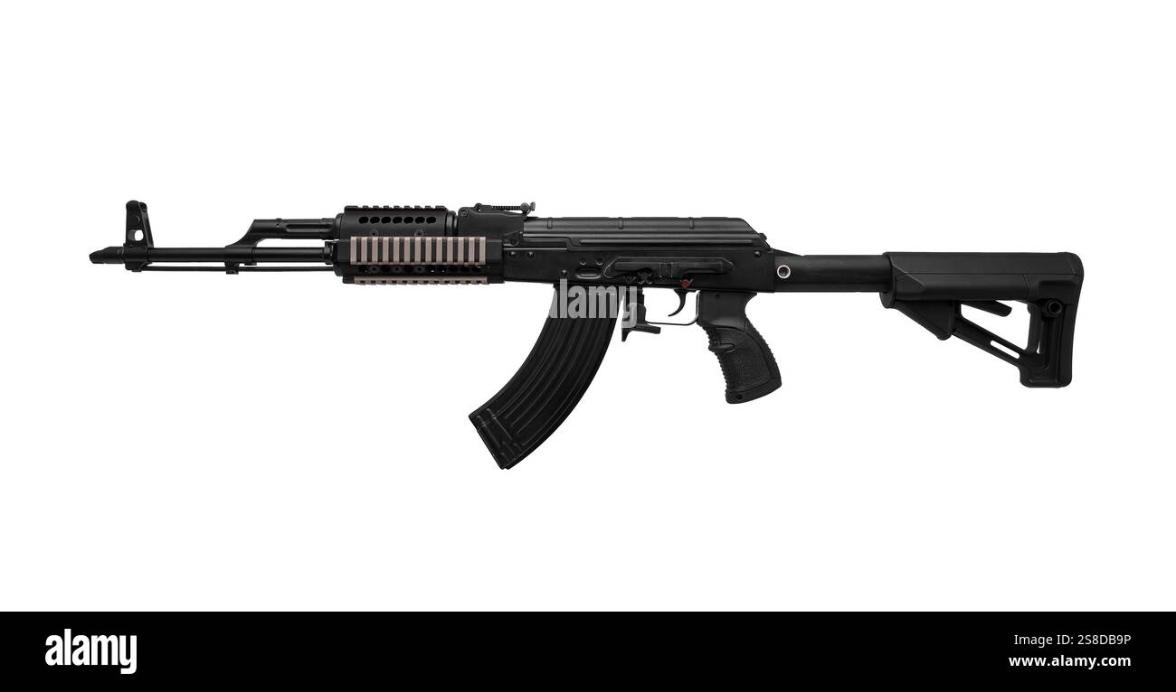 Modern black assault rifle with a tactical rail system, ergonomic grip ...