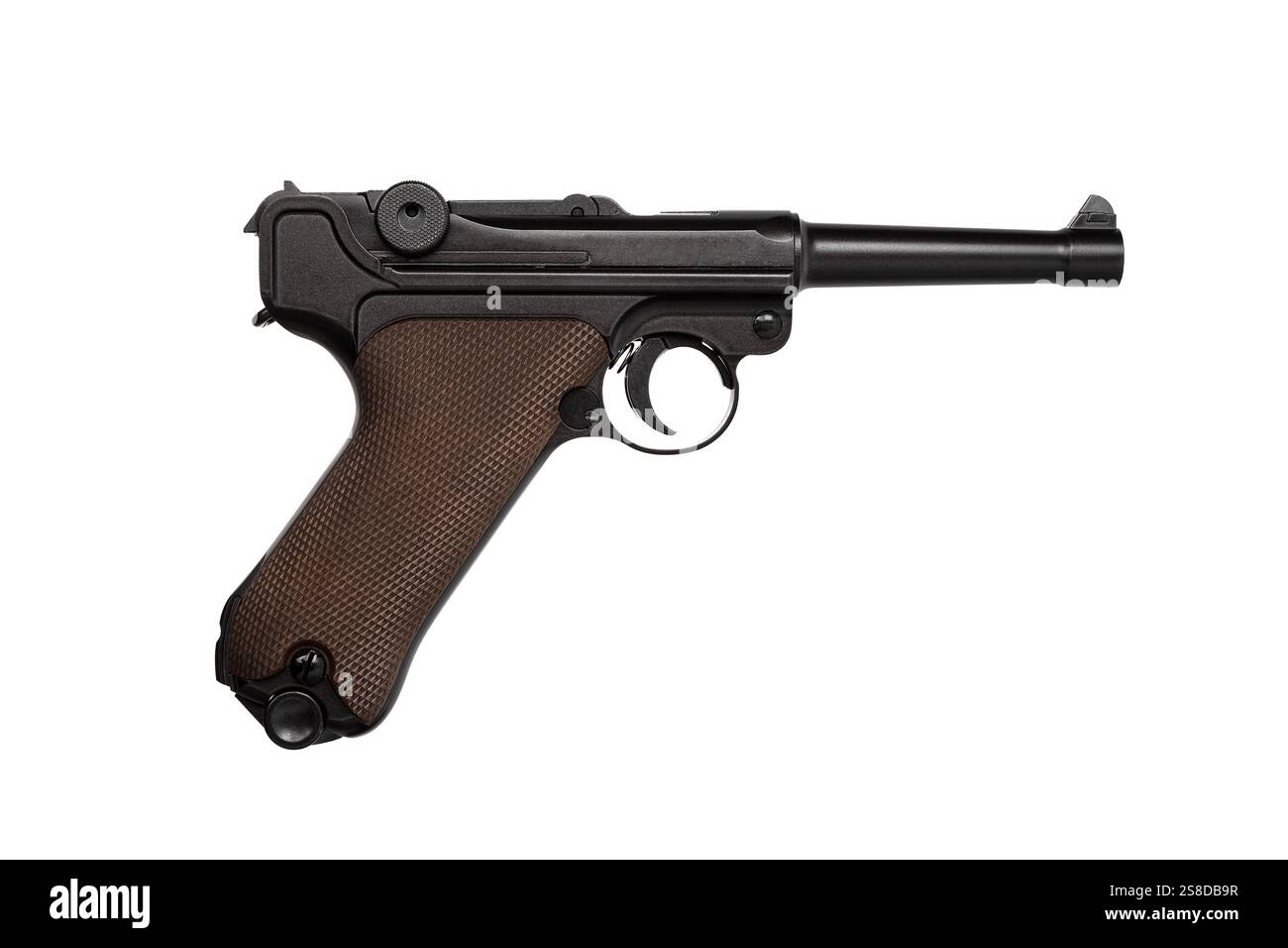 A classic Luger P08 pistol, a semi-automatic firearm known for its ...