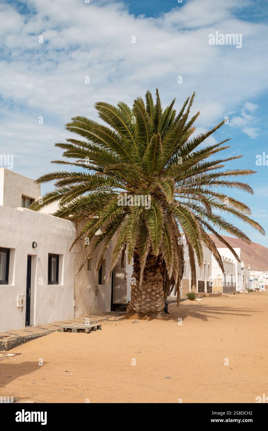 Sandy street on the coast of the Atlantic ocean. House with white ...