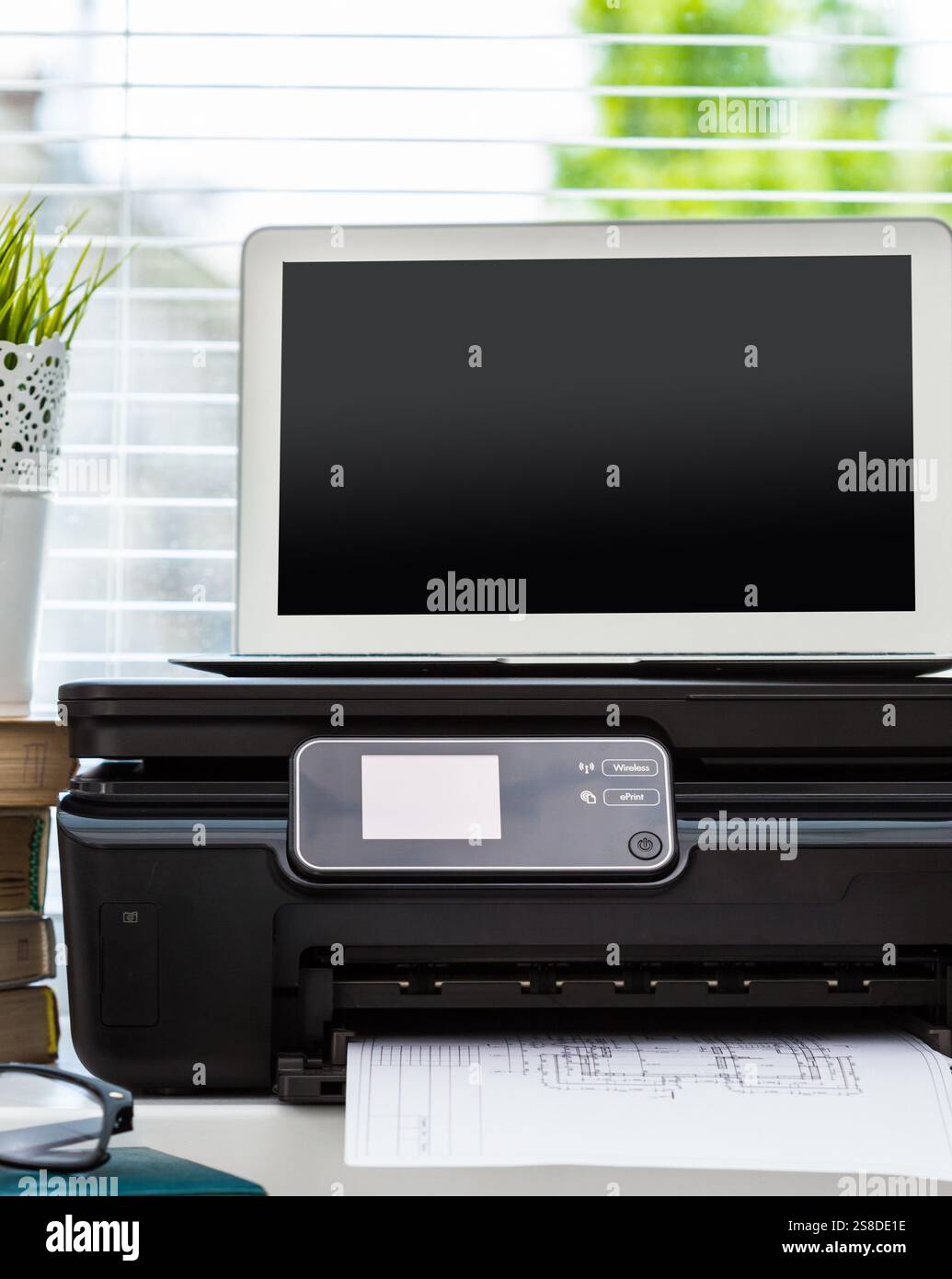 Printer and computer. Office table Stock Photo - Alamy