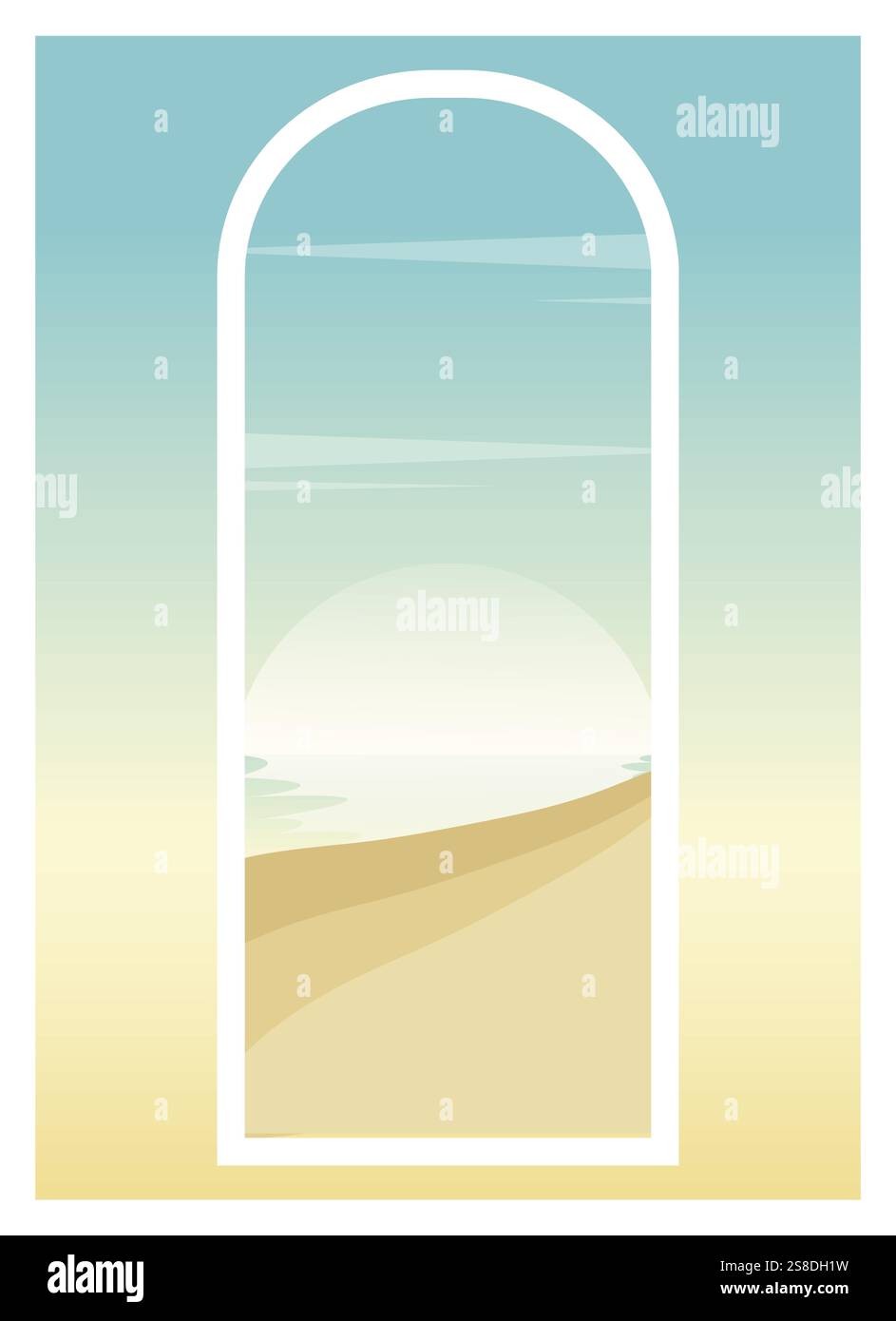 Seaside landscape with sand poster illustration. Marine sunrise vector ...