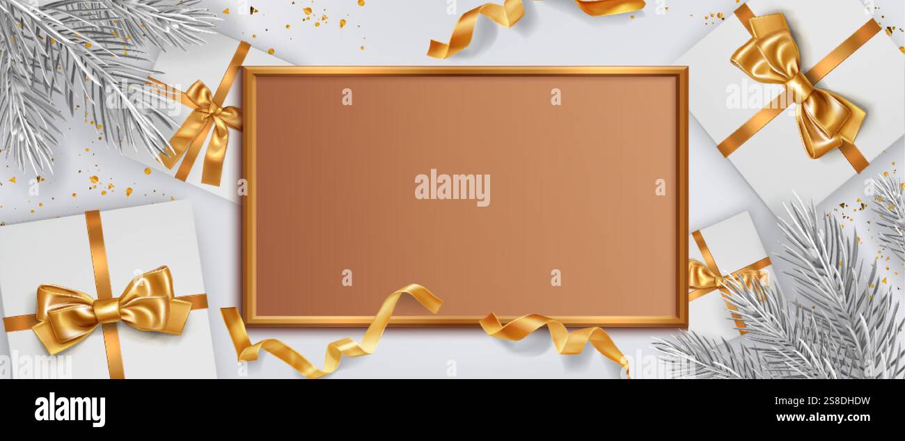 Merry holiday 3d frame composition - white gift boxes decorated with ...