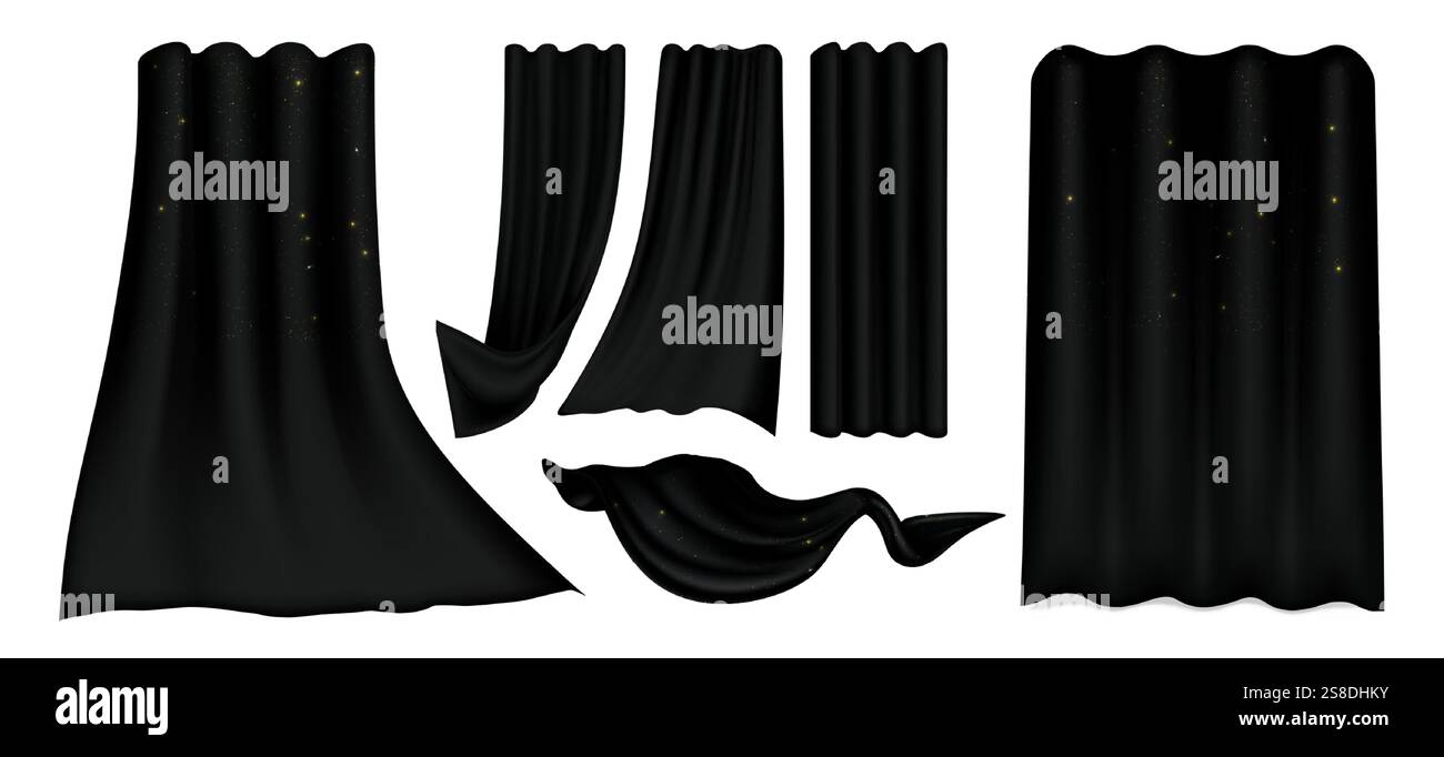 Black curtain collection of various drapery positions with soft folds ...