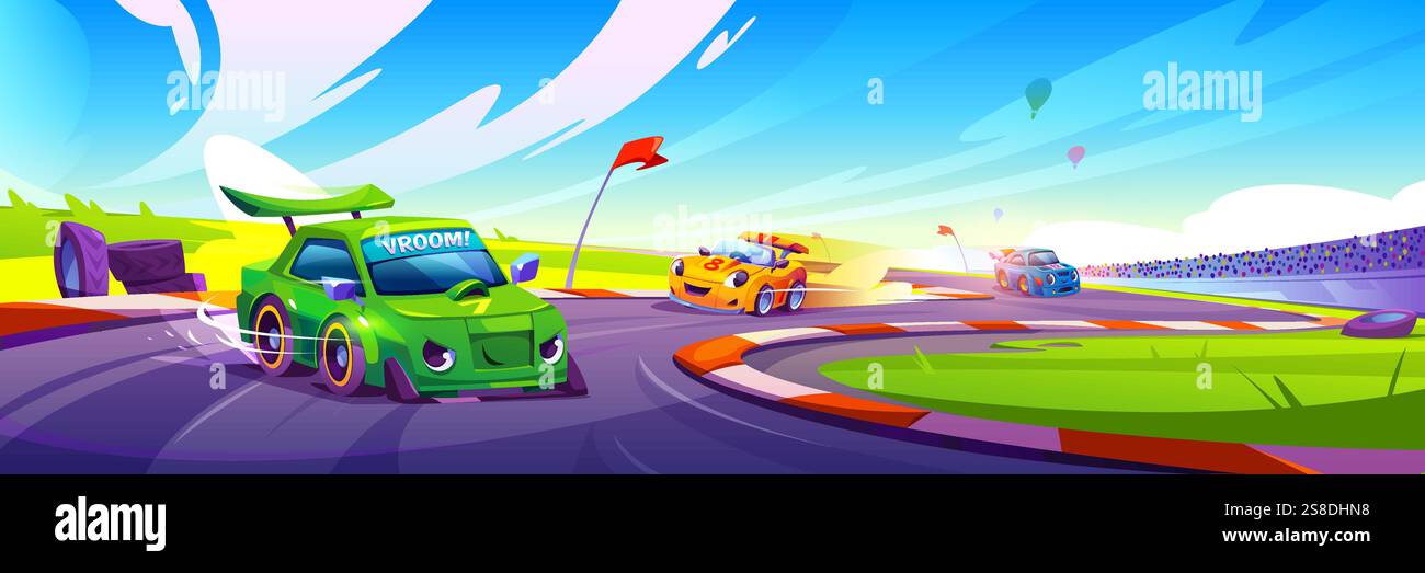 Race cars at speed competition. Vector cartoon illustration of cute ...