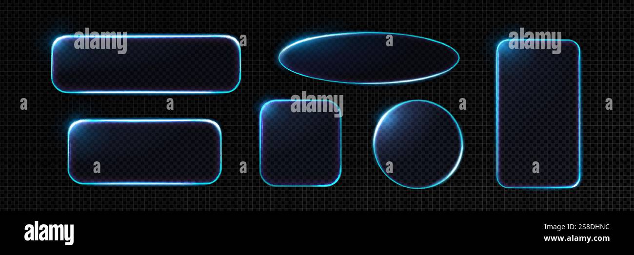 Neon glass frames collection with glowing blue light edges and ...