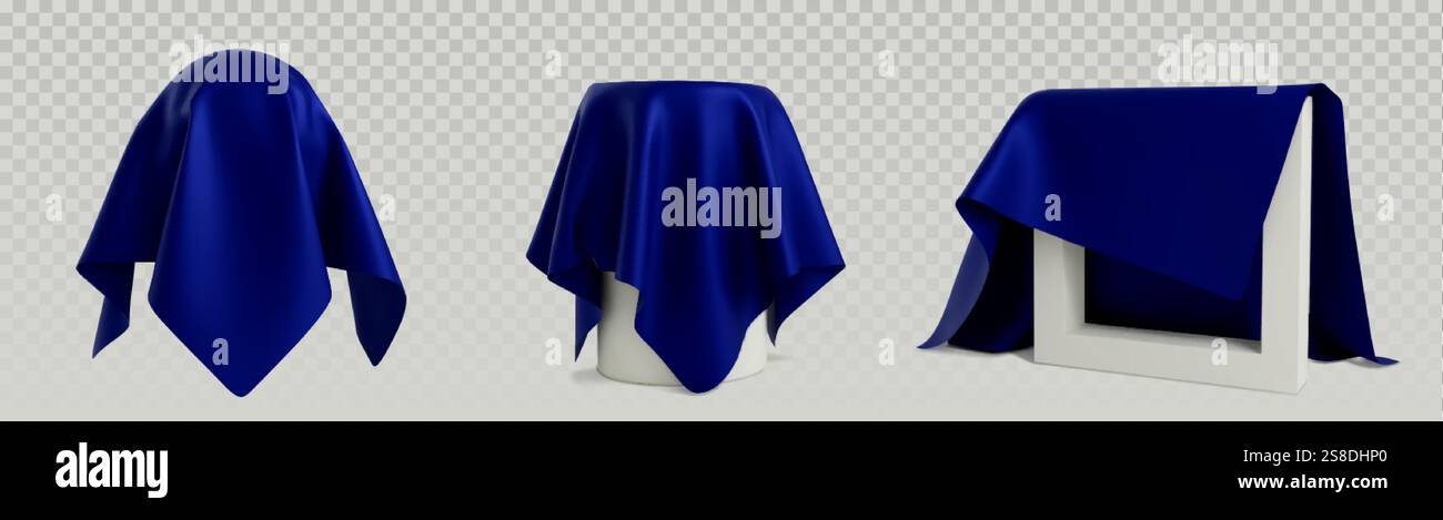 Cover cloth reveal showing draped blue fabric on different shapes ...