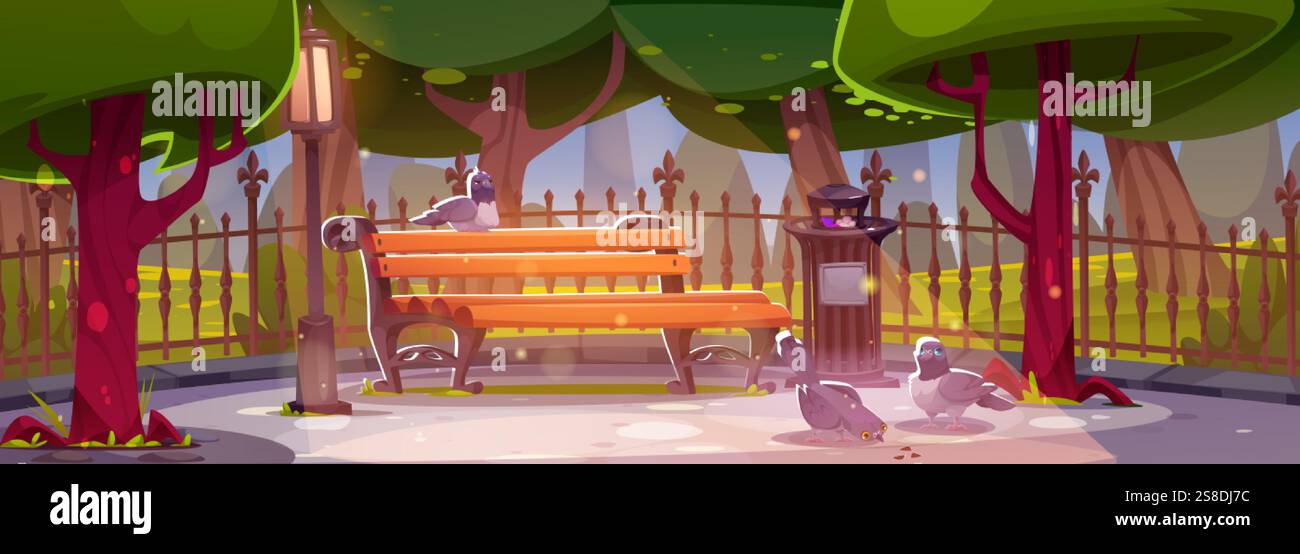 Urban park with birds eating seeds. Vector cartoon illustration of ...