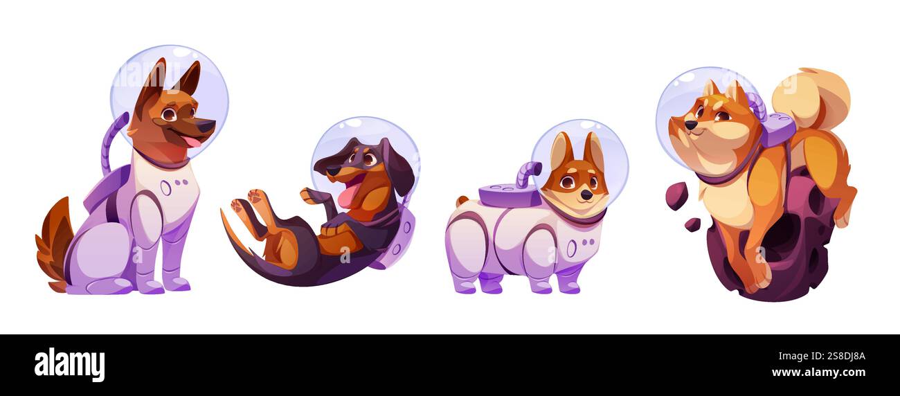 Space dog characters set - cartoon canine astronauts wearing cosmic ...