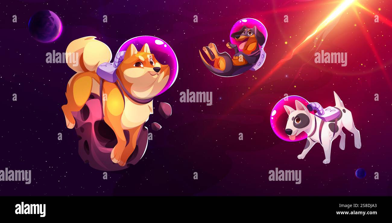 Cartoon dogs floating in colorful cosmic scene - shiba inu, dachshund ...