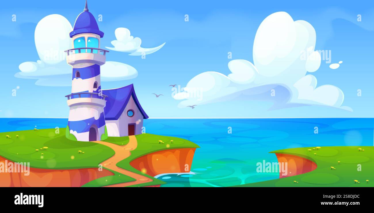 Cartoon lighthouse scene at seaside cliff - blue striped beacon with ...