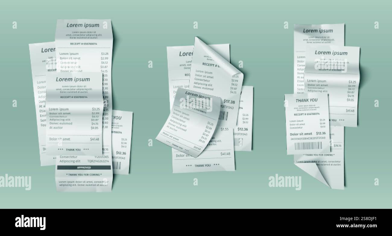 Paper bill receipt pile mockup - scattered payment documents with ...