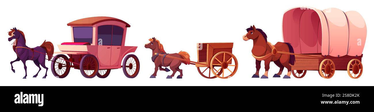 Historical cart and horse carriage set - retro brougham, wooden cargo ...