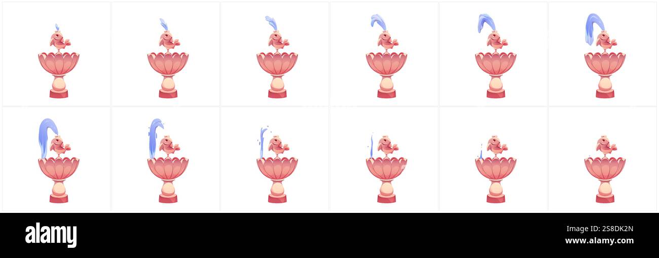Cartoon water fountain animation frames - pink lotus shaped basin with ...