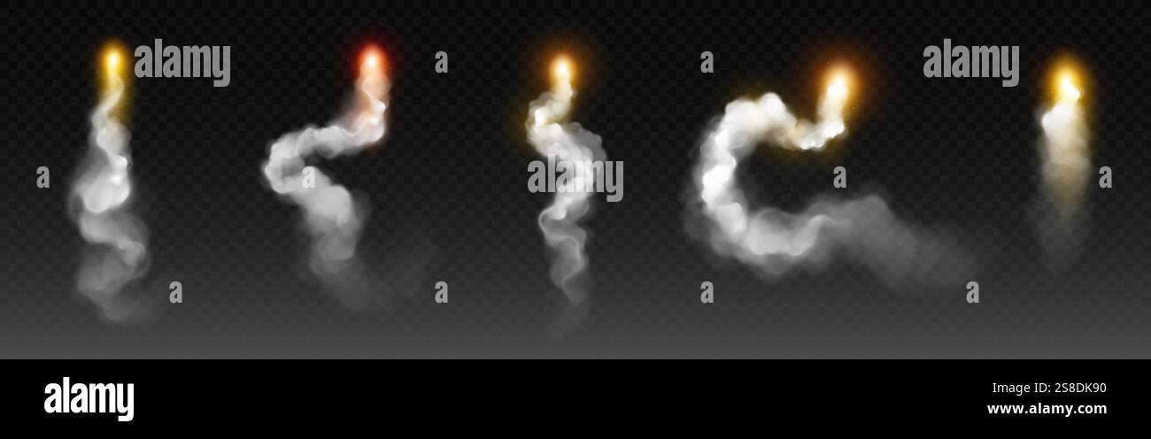 Rocket launch smoke with white exhaust trail and glowing flame tips ...