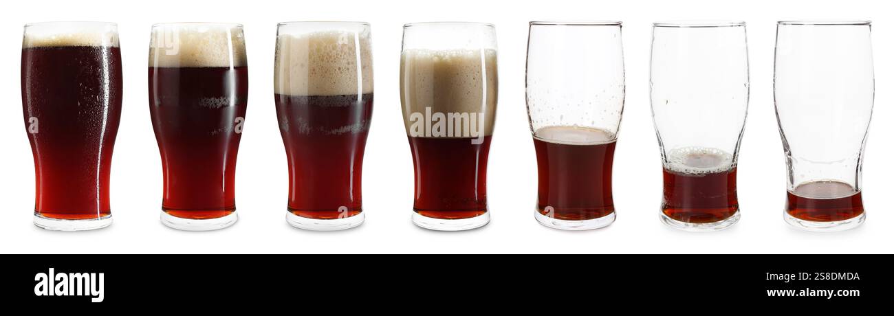 Beer in glass isolated on white, collage. From full to almost empty ...