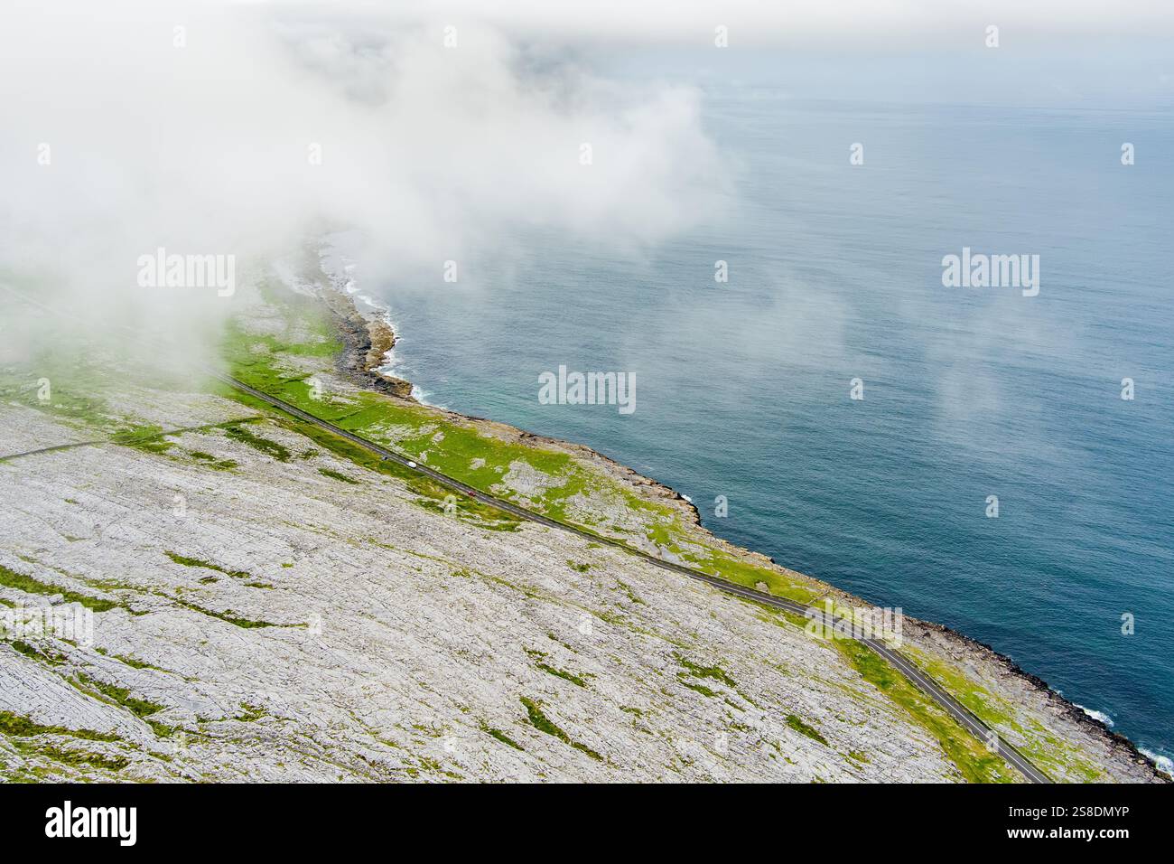 Spectacular misty aerial landscape in the Burren region of County Clare ...