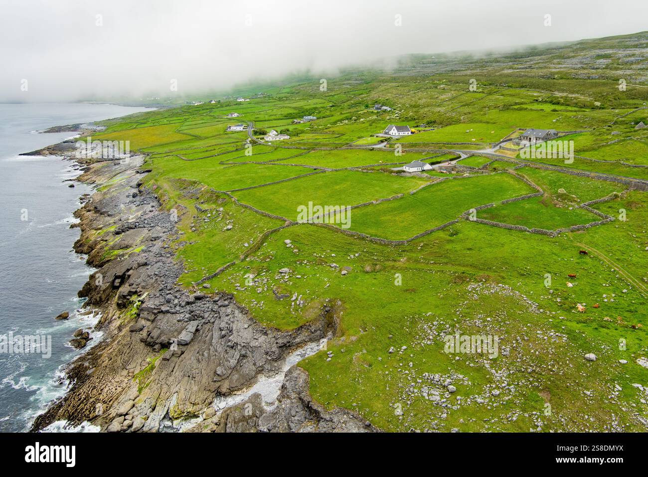 Spectacular misty aerial landscape in the Burren region of County Clare ...