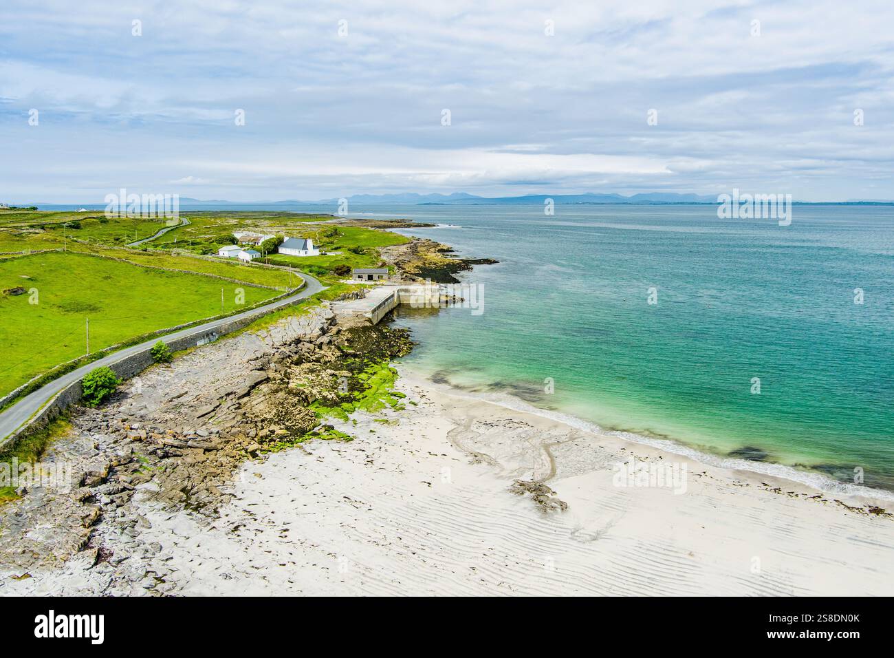 Aerial view of the wide sandy Kilmurvey Beach on Inishmore, the largest ...