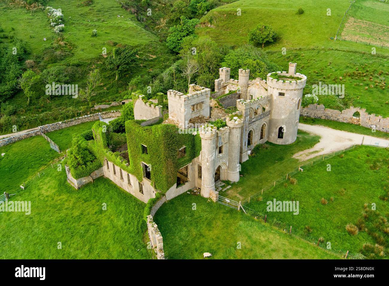 Aerial view of Clifden Castle, ruined manor house, standing on famous ...