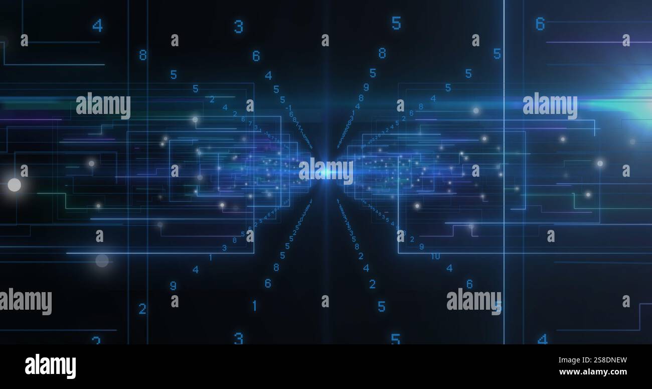 Image of data processing over blue neon shapes. Business, technology ...