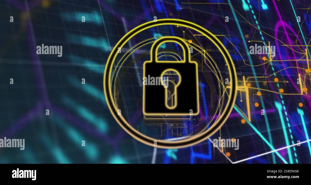 Lock icon image over digital data and graphs background Stock Photo - Alamy
