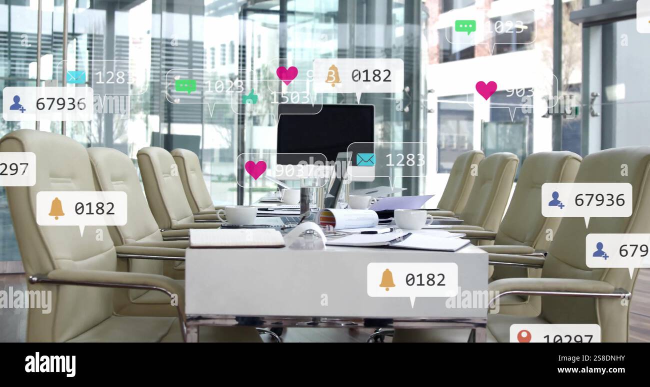 Social media notifications image over empty modern office with desks ...