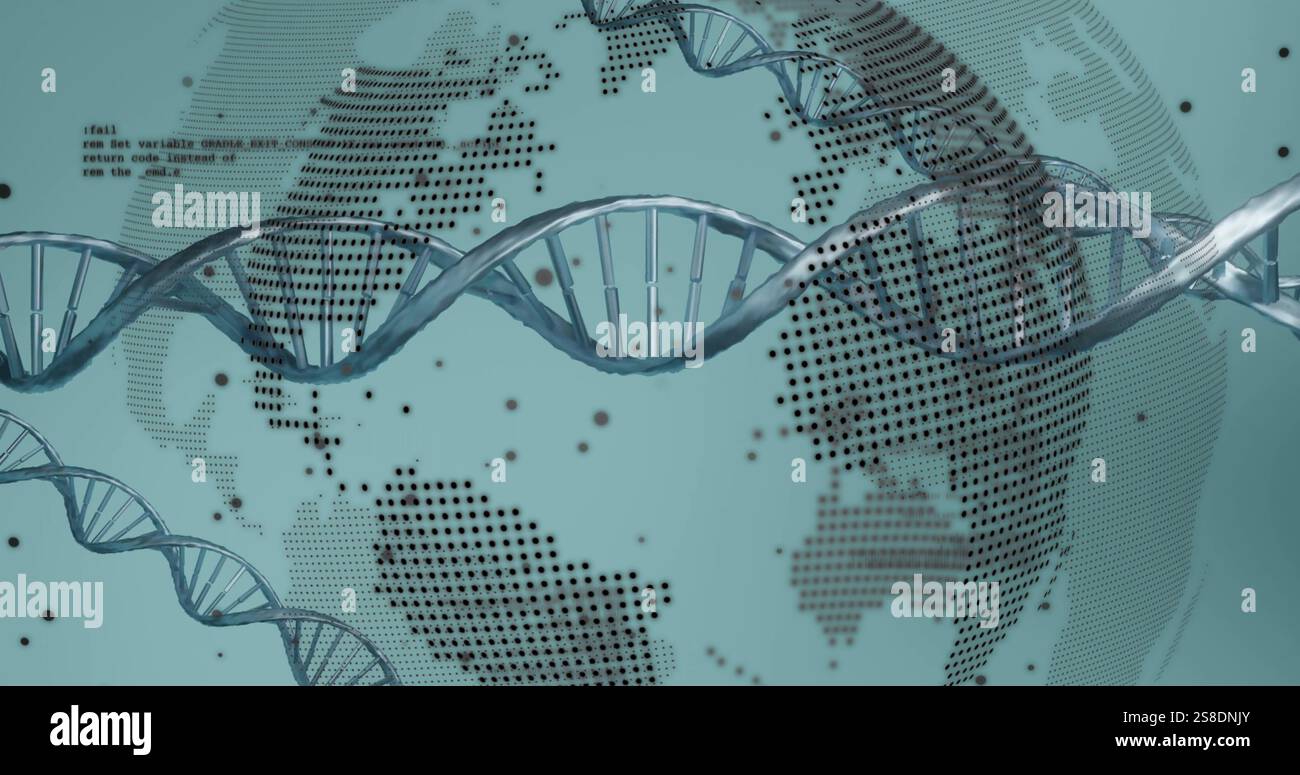 Image of dna strand, scientific data processing over globe spinning ...