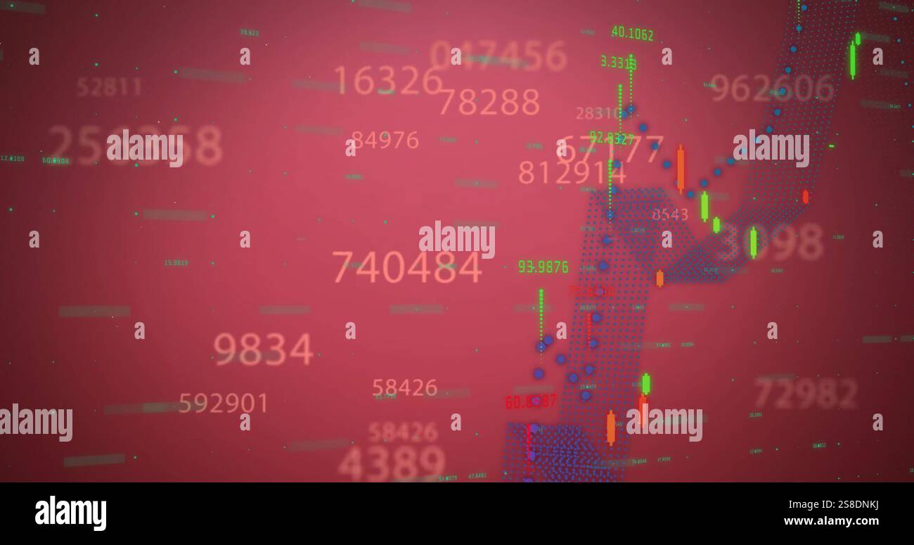 Image of digital data processing over red background. Global ...