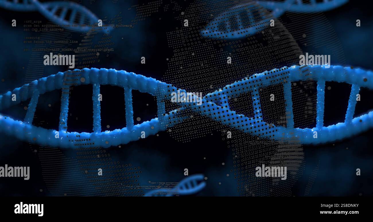 Image of scientific data processing over dna strands and globe spinning ...