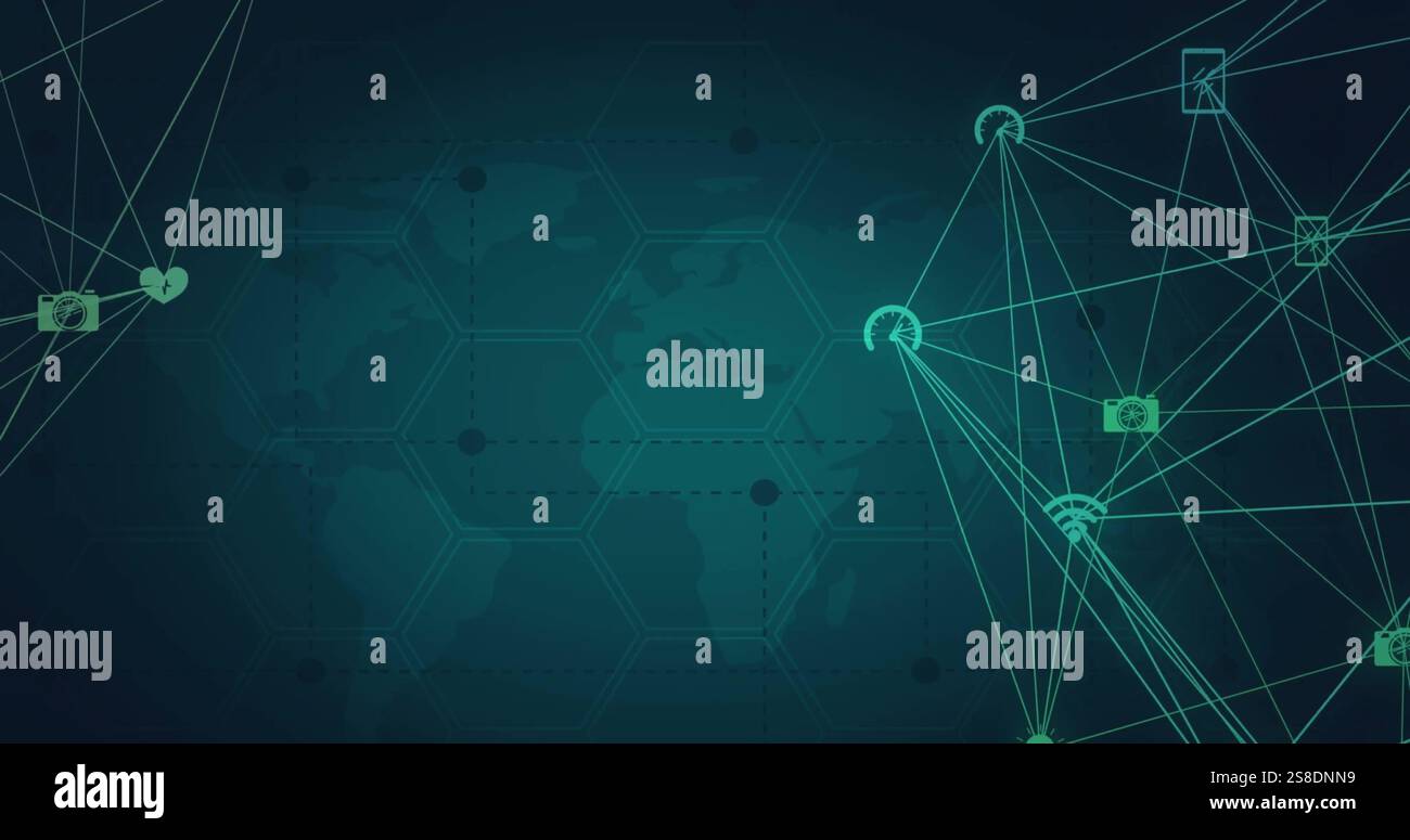 Image of network of connections with icons over world map Stock Photo ...