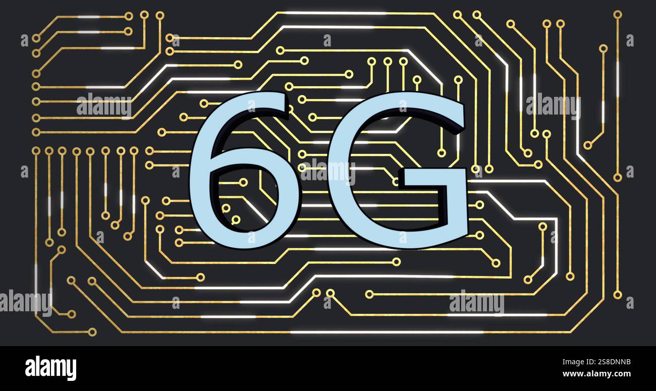 Image of 6g text, digital data processing over computer circuit board ...