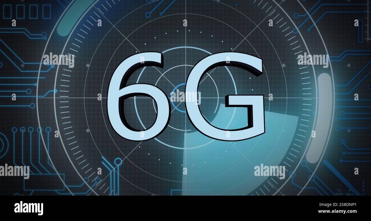 Image of 6g text, digital data processing over computer circuit board ...