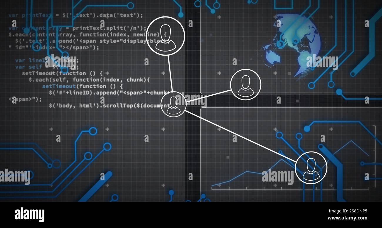 Image of connections with people icons, digital data processing over computer circuit board ...