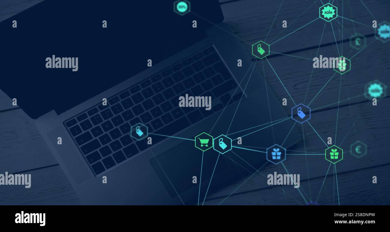 Image of network of connections with icons over laptop Stock Photo - Alamy
