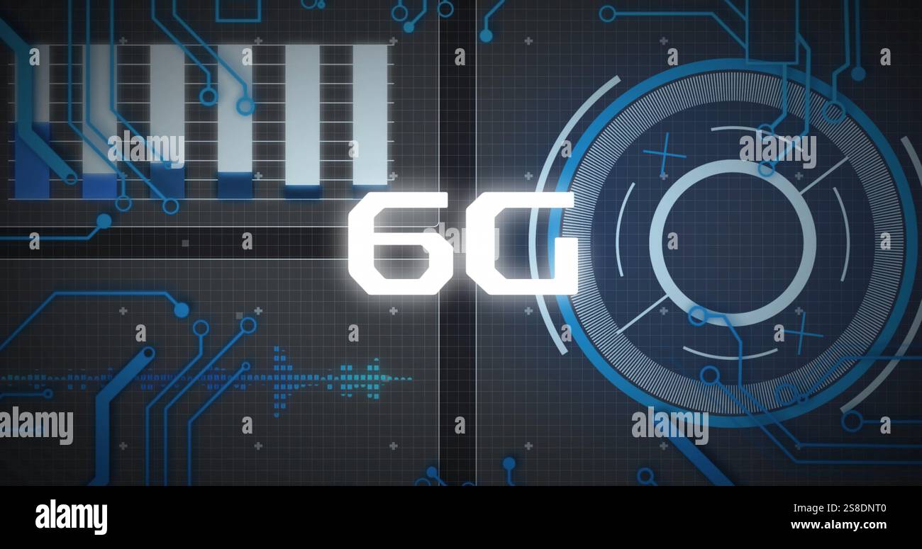 Image of 6g text, digital data processing over computer circuit board ...