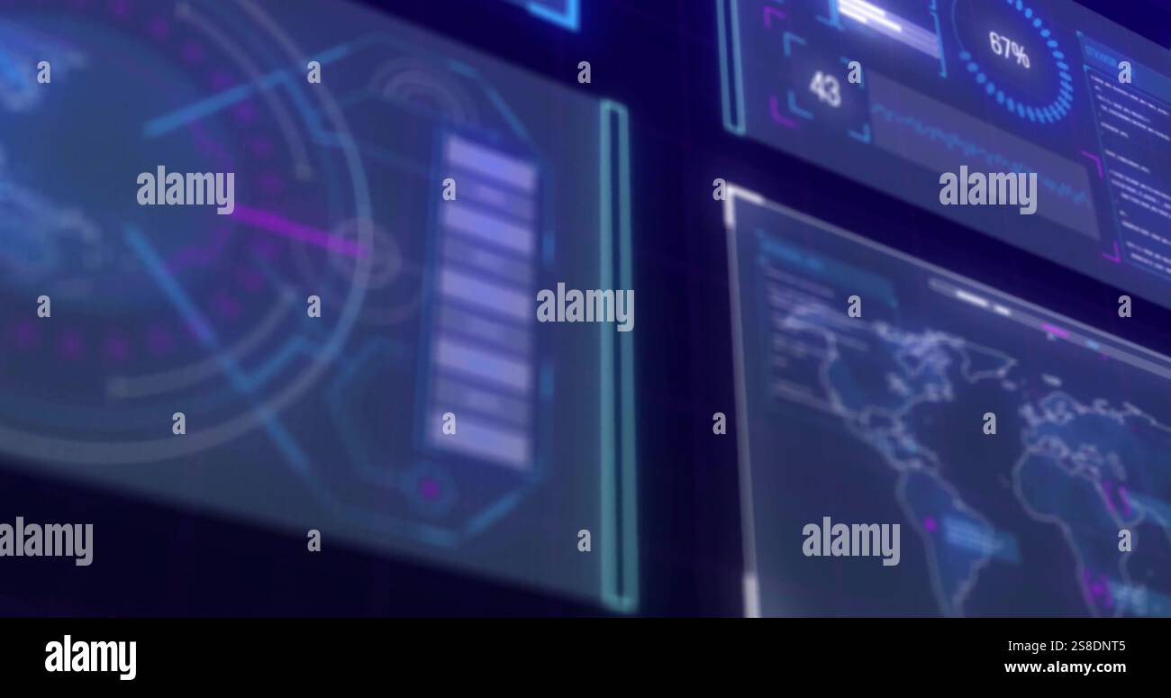 Digital interface with futuristic data processing image over various ...