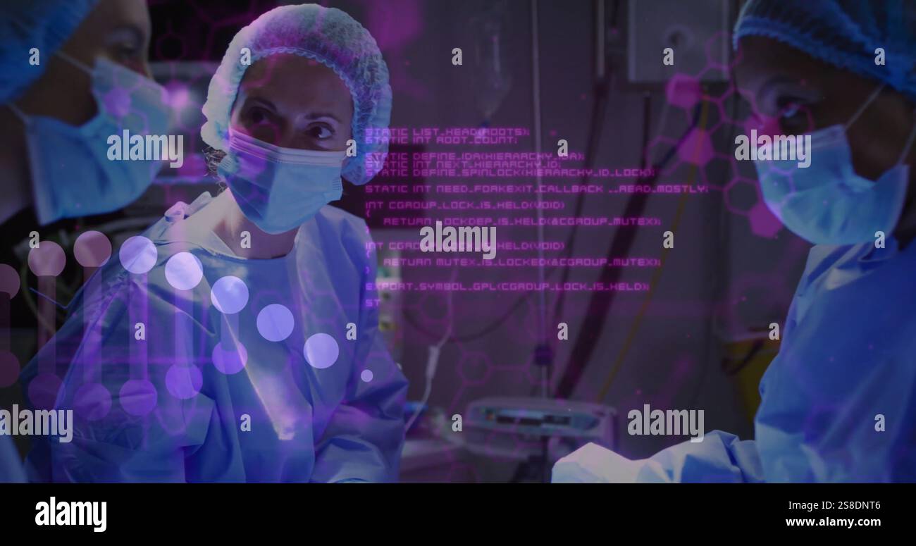 Image of data processing and dna strand over diverse surgeons in ...