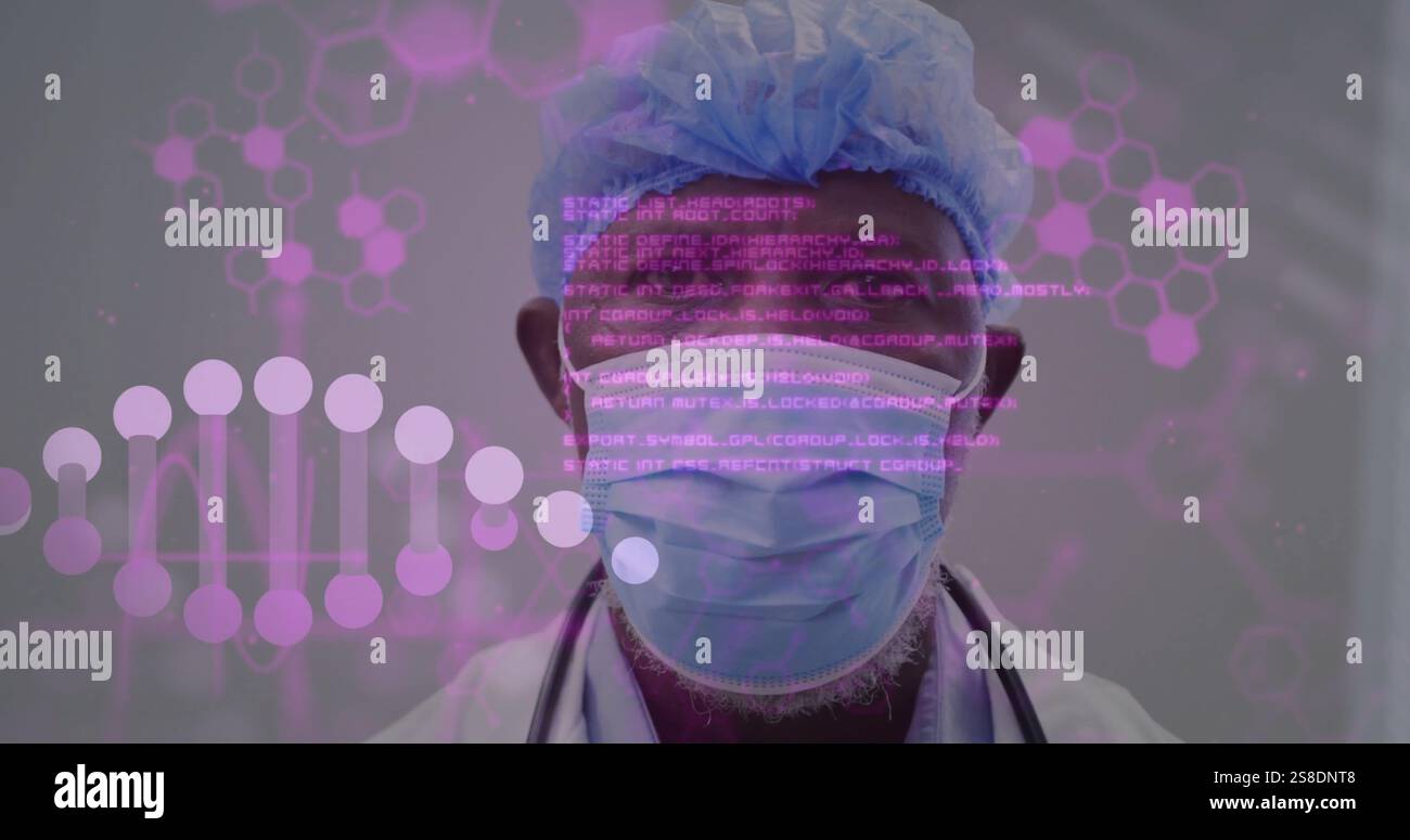 Image of data processing and dna strand over biracial male doctor ...