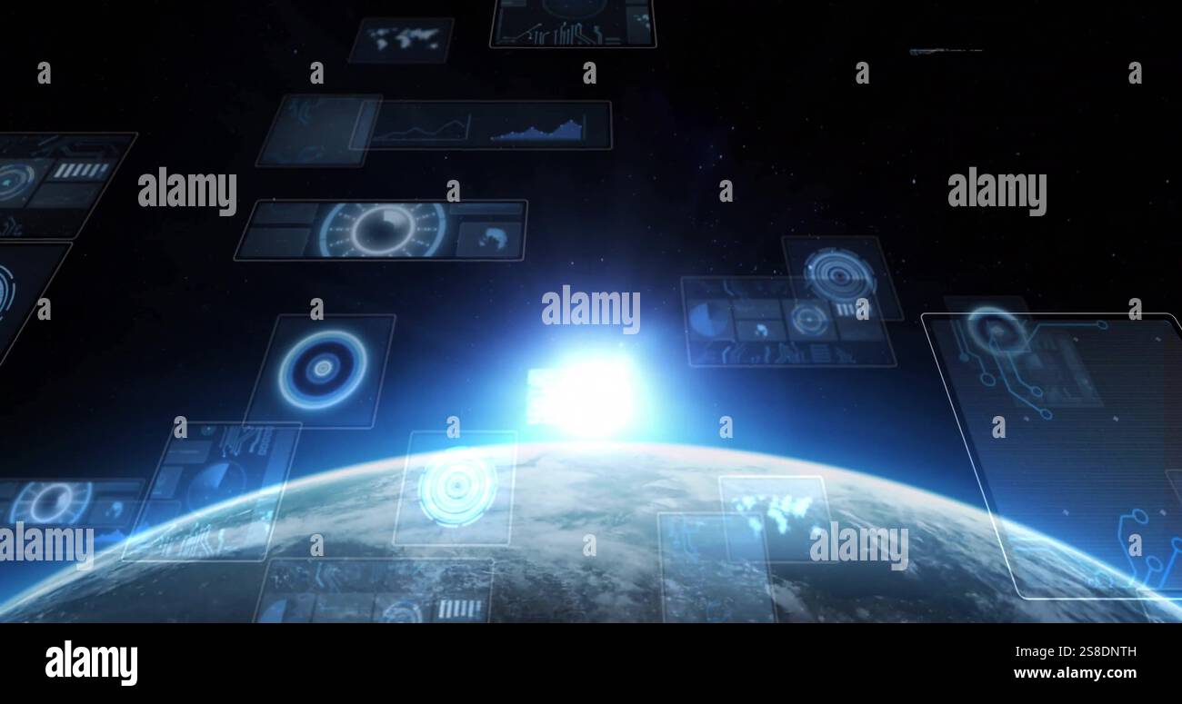 Digital data and futuristic interfaces over Earth from space Stock Photo - Alamy